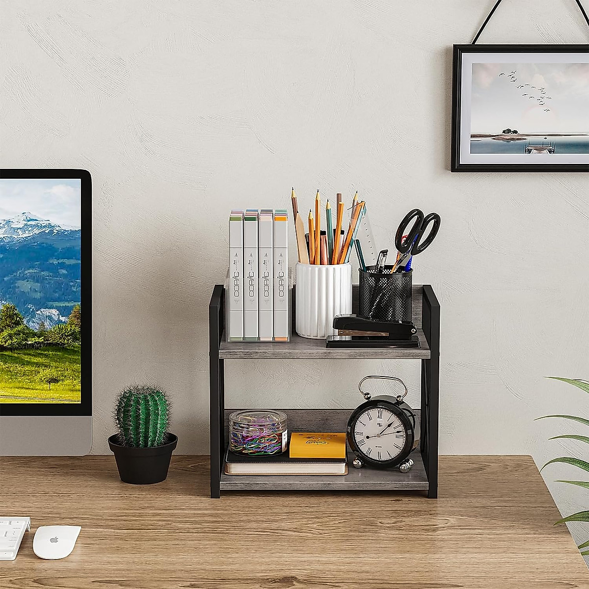 Giikin Countertop Shelf Organizer, 2 Tier Kitchen Spice Rack Organizer for Countertop, Wood Coffee Counter Shelf Organizer for Home (Smoky Grey)