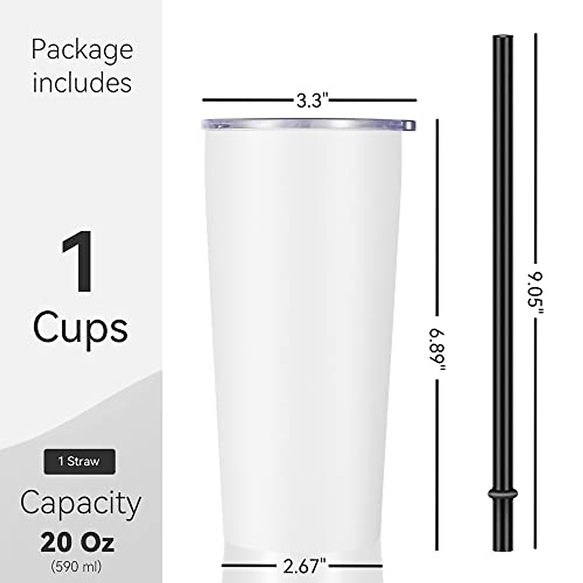 DOMICARE 20 oz Tumbler with Lid and Straw, Stainless Steel Tumblers Bulk Vacuum Insulated Tumbler Travel Coffee Mug Pack of 1, White