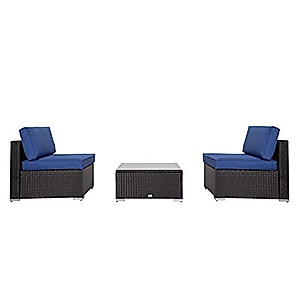 Elesuli 3 PCS Outdoor Patio Loveseat Furniture Couch Set with Glass Table Outdoor Conversation Sets Wicker Love Seat All-Weather Rattan Sofa Sectional for Garden Balcony, Dark Blue