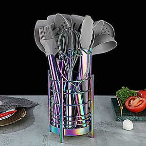 38 Piece Silicone kitchen Cooking Utensils Set with Utensil Crocks, Silicone Head and Stainless Steel Handle Cookware, Kitchen Tools for Utensil Set, Non-Stick kitchen Gadgets,Dishwasher Safe(Rainbow)