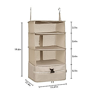 Surblue Hanging Closet Storage Bag Collapsible 3-Shelf Washable Oxford Fabric with 2 Hooks (L 11.41 * 11.41 * 19.68in, Beige)