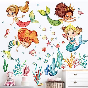 Mfault Multicultural Mermaid Under The Sea Animal Wall Decal Stickers, Ocean Creature Marine Life Seaweed Nursery Decoration Baby Girl Bedroom Playroom Art, Underwater Toddler Kid Room Bathroom Decor