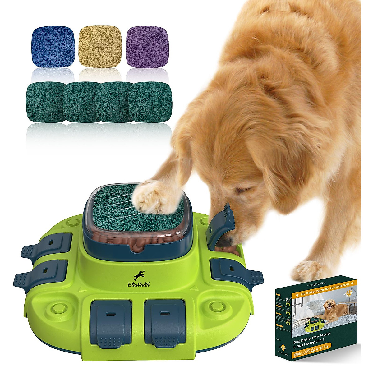 Dog Puzzle, EliaValth 3-in-1 Dog Toy: Puzzle, Slow Feeder Dog Bowls & Dog Nail File Green