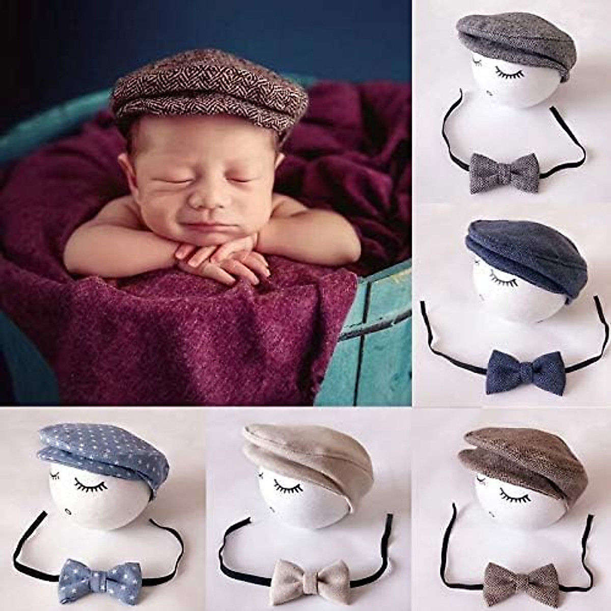 Newborn Baby Boy Flat Newsboy Cap and Bow tie Set Gatsby Cap Pageboy Golf hat (Grey)