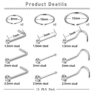 Magitaco 15Pcs 20G Surgical Steel Nose Rings Hoop Nose Ring Studs L Shape Screw Nose Studs Nose Piercing Nose Pins Nose Rings for Women Men