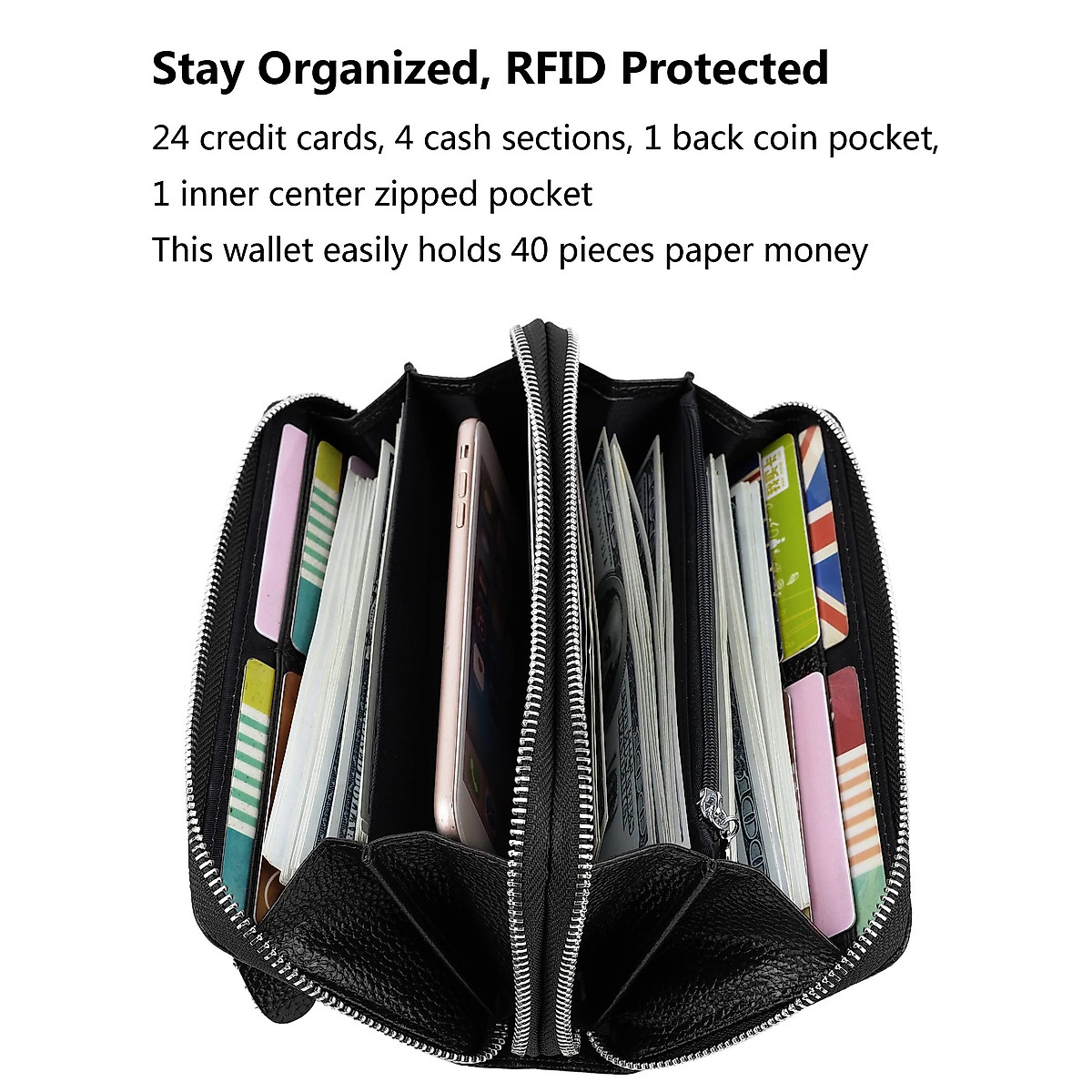 YALUXE Women's Double Zipper Leather Wristlet Wallet Cell Phone Purse Card Holder RFID Blocking