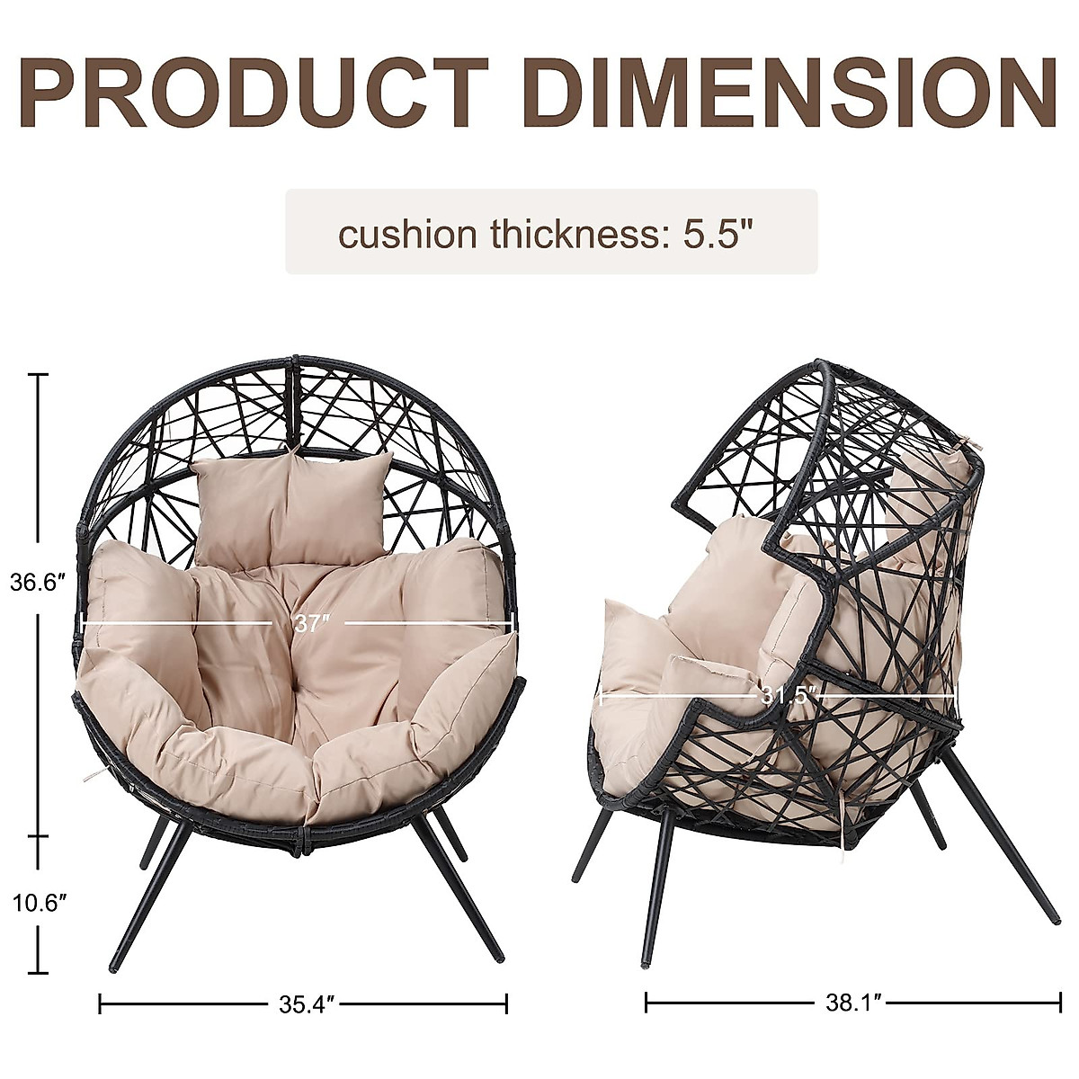 GOOGIC Patio Wicker Egg Chair,Outdoor Egg Chair with Cushion,Oversized Indoor Outdoor Egg Basket Lounge Chair for Patio, Backyard,Living Room,Garden,Steel Frame - Beige