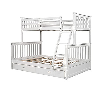 JJRY Twin-Over-Full Bunk Bed can be Divided into Two Individual beds, Wood Bed Frame with Inclined Ladder and Two Storage Drawers (White)