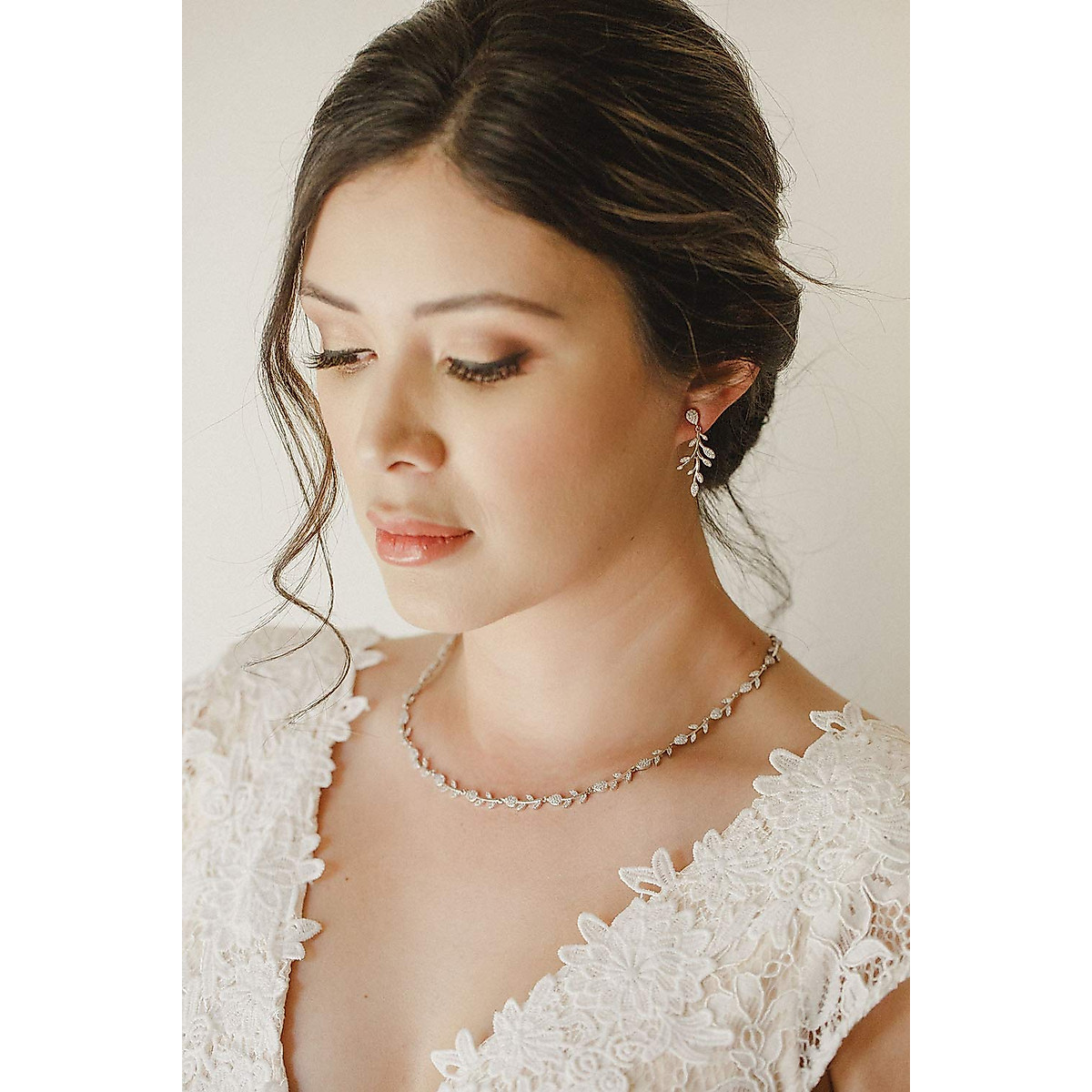 SWEETV Cubic Zirconia Wedding Jewelry Sets for Bride Bridesmaids, Crystal Silver Leaf Vine Bridal Earrings and Necklace Set for Women Jewelry Gifts