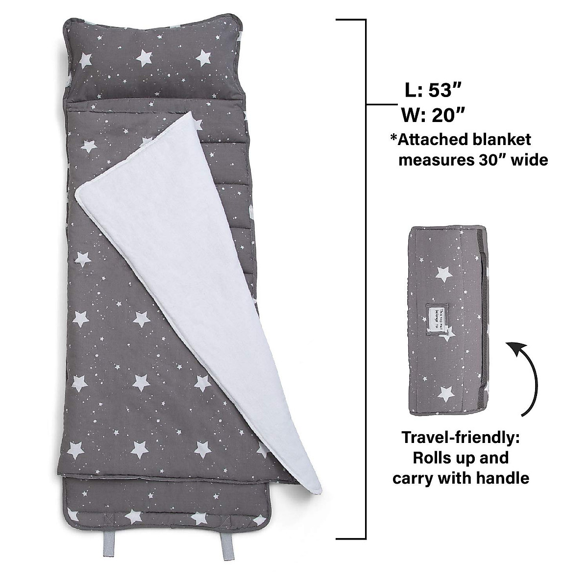 Delta Children Nap Mat with Included Pillow and Blanket for Toddlers and Kids; Features Carry Handle with Strap Closure and Name Tag; Rollup Design is Ideal for Preschool and Daycare, Dusty Skies