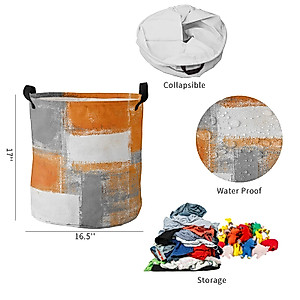 Orange Grey Oil Painting Laundry Basket 16.5"x17" Waterproof Laundry Hamper, Burnt Orange Geometric Abstract Art Collapsible Toys Blankets Storage Baskets Clothes Hamper for Bedroom Living Room