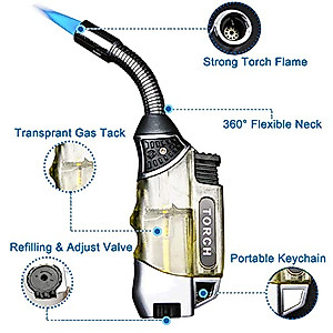 Yeuligo Torch Lighters, Butane Lighter with 360° Flexible Neck and Visible Window, Refillable Grill Lighter with keyhole, Clear(without Gas)