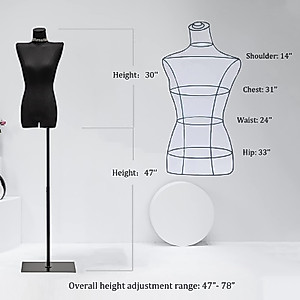 Female Dress Form Mannequin Torso, Adjustable Height 47-78 inch, Manikin Body Model with Rectangle Metal Base, Detachable Arms & Head, for Clothing Dress Jewelry Display Sewing