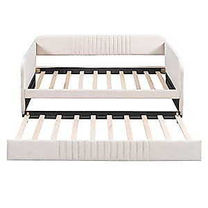 ERYE Twin Size Upholstered Daybed Sofa Bed with Trundle Bed and Wood Slat,Velvet Upholstery Twin Upholstered Bed for Boys and Girls,Beige Gray Light Blue