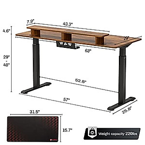 EUREKA ERGONOMIC Electric Standing Desk,63 Inches Height Adjustable Desk,Stand up Desk with Dual Motor,Computer Desk with LED Lights & Double Shelves,Home Office Desk with Monitor Stand,Brown Wood