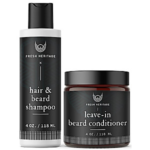 Fresh Heritage Premium Men's Beard Care Bundle - Shampoo with Tea Tree, Conditioner with Argan Oil - Softens, Smooths & Promotes Beard Growth - 100% Natural Grooming Kit