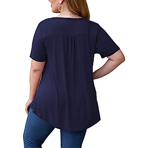 Womens Plus Size Lace Pachwork Short Sleeve O-Neck Casual Tops Blouse T Shirt(Navy, XXXL)
