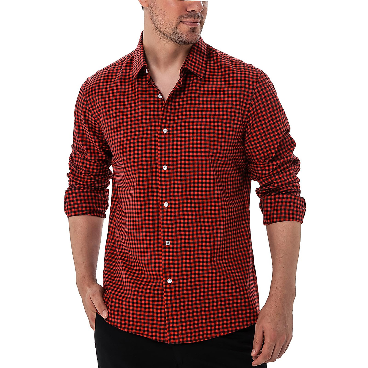 Manwan walk Men's Plaid Button Down Shirts Slim Fit Long Sleeve Casual Business Shirts Red/Black XL