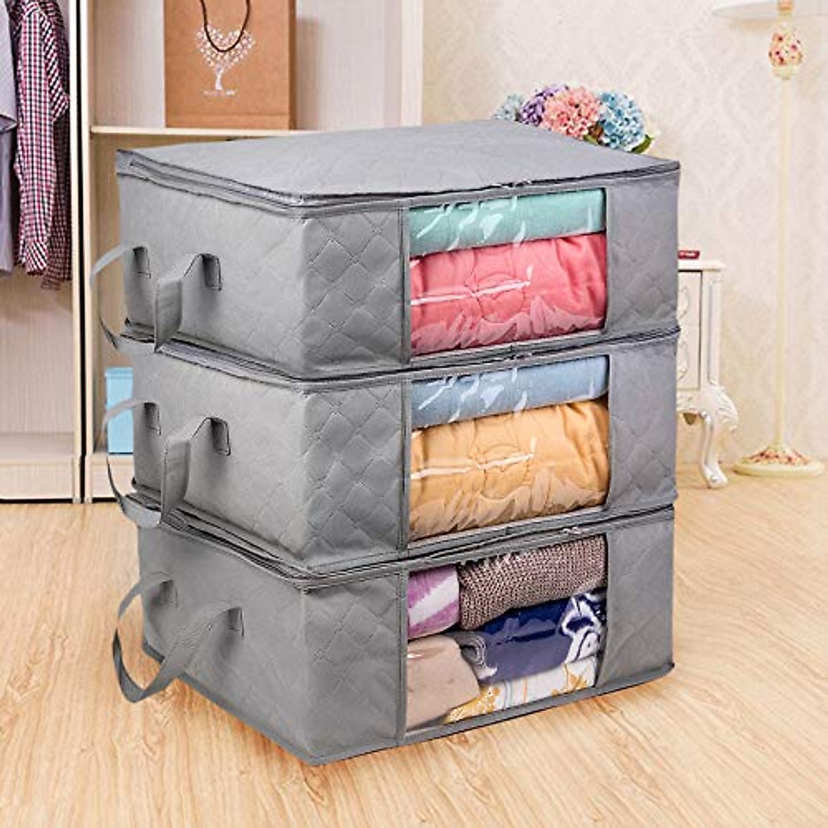 Ecomigo Foldable Storage Bag Organizers - Large Clear Window, Reinforced Carry Handles, Sturdy Zipper - Perfect for Clothes, Blankets, Bedrooms, Closets and More (3-Pack, Gray)