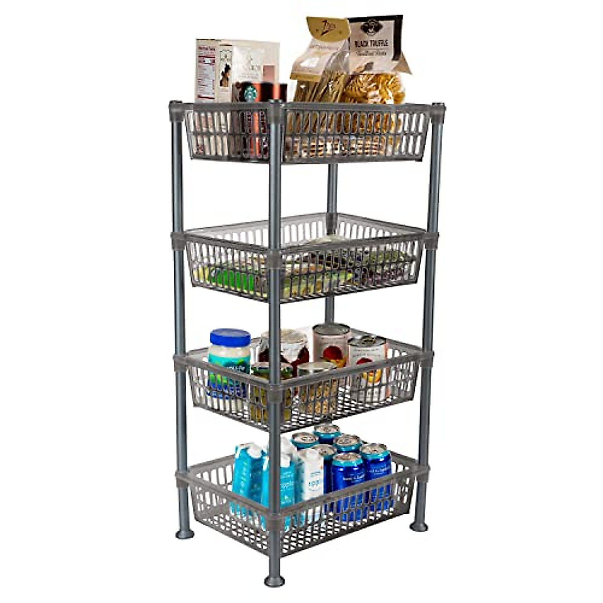 Kitchen Details 4 Tier Slim Basket Shelf Rack | Storage & Organizer | Kitchen | Bathroom | Laundry Room | Office | Good for Food and Kitchen Supplies | Smoke Grey