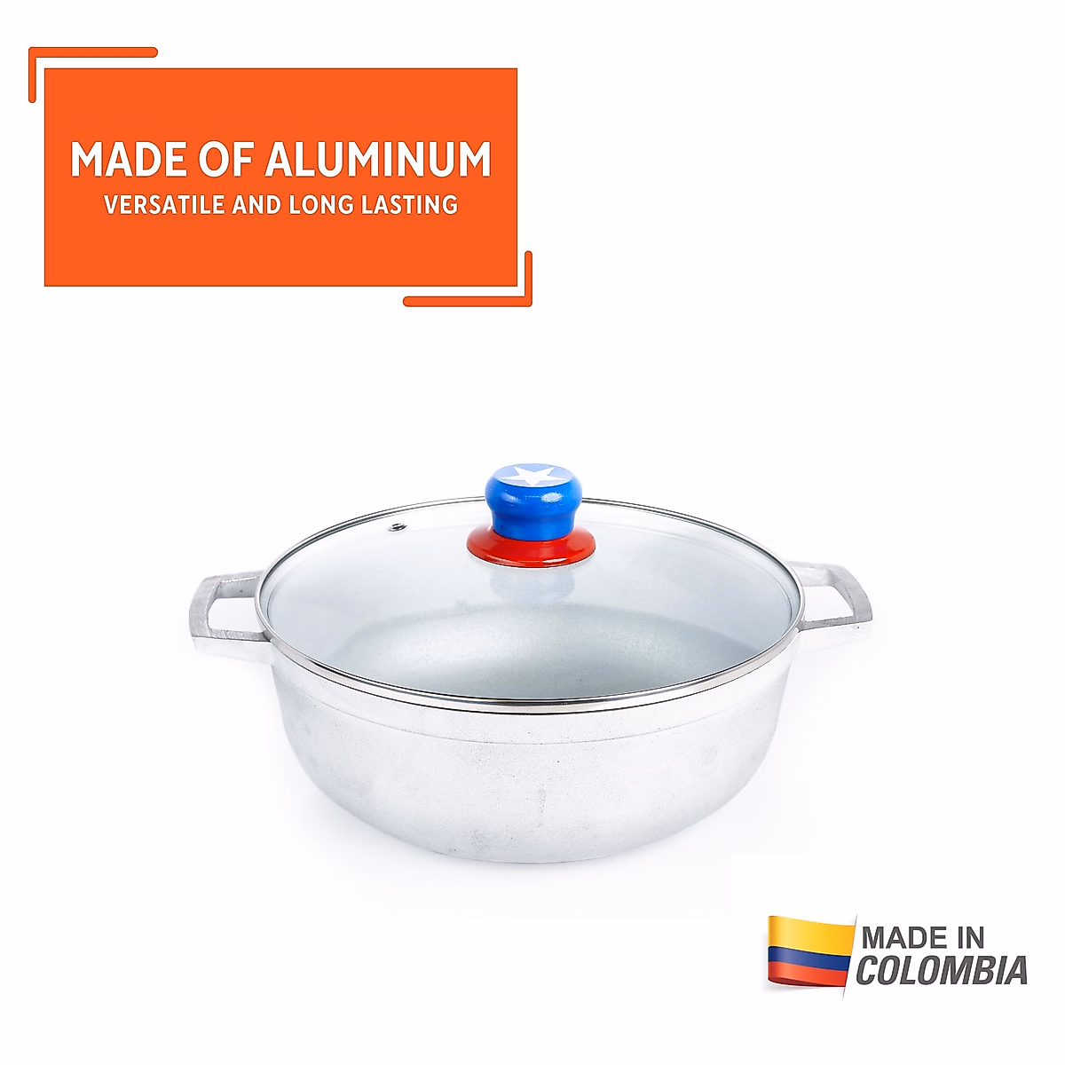 IMUSA USA LIMITED EDITION Puerto Rico"Boricua" themed Caldero 3.7Qt with Glass Lid & Unique Knob,Silver,GAU-80139