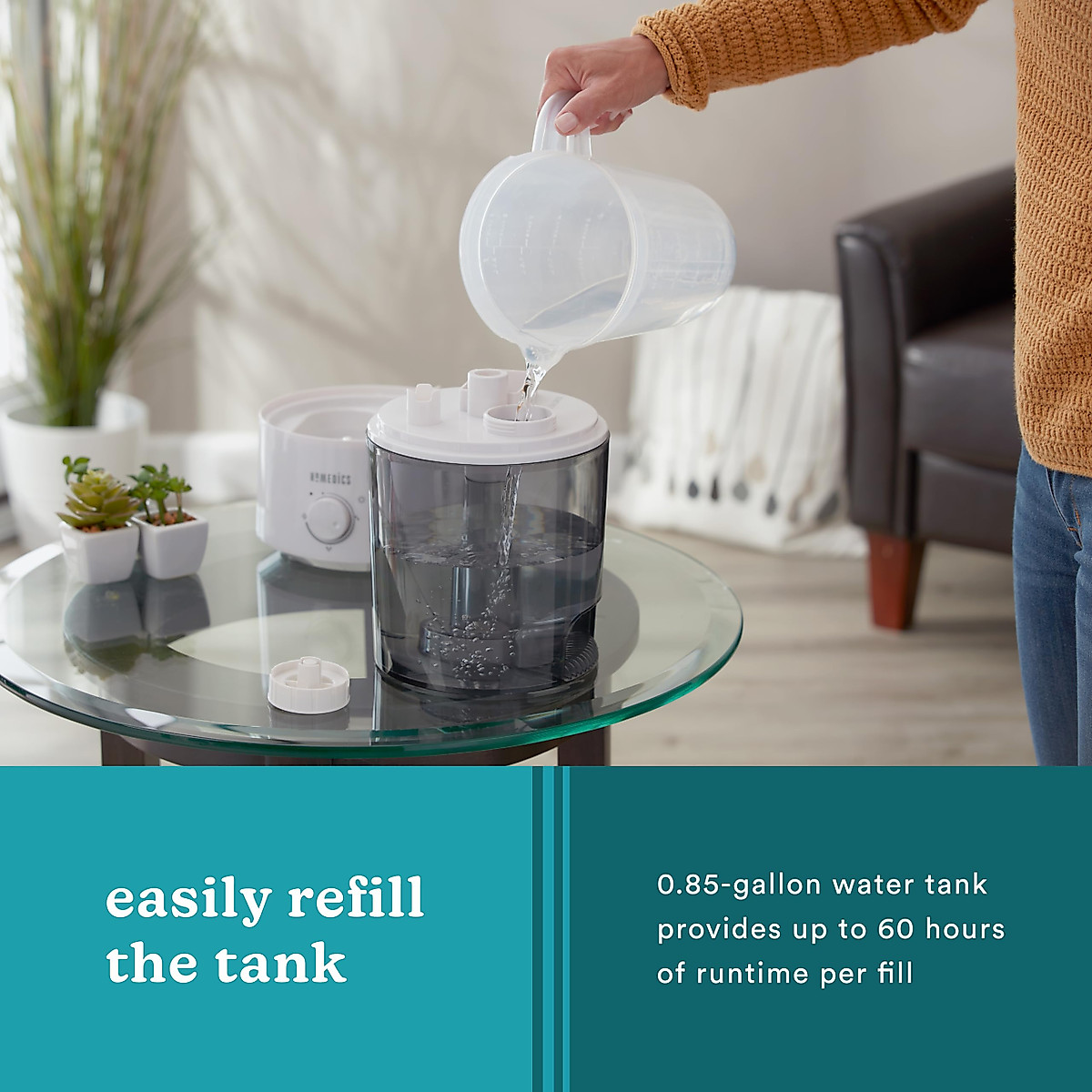 Homedics TotalComfort Ultrasonic Humidifier – Large Air Humidifiers for Bedroom, Plants – Top-Fill 0.85 Gallon Water Tank for 60 Hours of Run Time, Essential Oil Pads, Night-Light, White