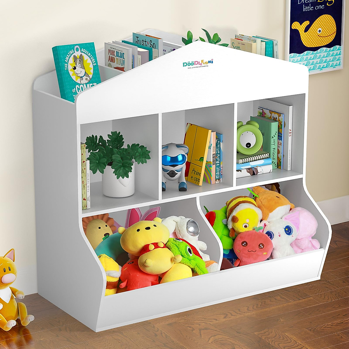 Doodlefurni Toy Organizers and Storage, Odor-Free Wood Kids Bookshelf, Toy Storage, Book Shelf Organizer for Kids, Suitable for Children's Rooms, Playrooms, Nursery, Paintable, Easy to Clean.