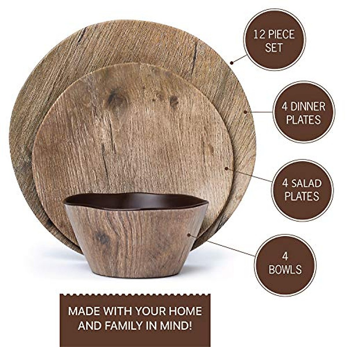 Melamine Dinnerware Sets - 12 pcs Melamine Plates Outdoor Plates Summer Plates and Bowls Sets Melamine Plates Ideal Camping Dish Set Dinnerware Set for 4 Dishwasher Safe (Wood Grain)