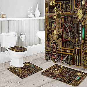 OneHoney 4 Piece Shower Curtain Sets with Non-Slip Rugs, Era Steampunk and Gear Bathroom Curtains Waterproof, Dashboards and Instruments Decor Doormat, Toilet Lid Cover and Bath Mat