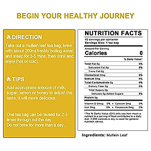 Mullein Leaf Herbal Tea for Respiratory Support, Mullen Tea for Lung Cleanse, Iymphatic Cleanse & Detox and Immune Support - No Caffeine, Non-GMO - 40 Tea Bags