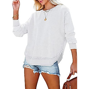 EVALESS White Sweatshirt for Women Long Sleeve Side Split Irregular Curved Hem Tops Comfort Colors Crewneck Cotton Sweatshirts Womens Fall Fashion 2023 Teacher Outfits Casual Loose Pullover Medium