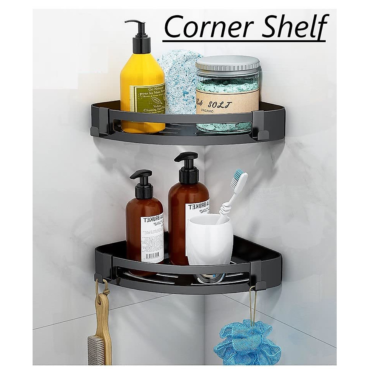 Winmien 2-Pack Corner Shower Caddy，No Drilling Wall Mounted Adhesive Bathroom Shelf，Aluminum Storage Organizer for Bathroom, Toilet, Kitchen and Dorm