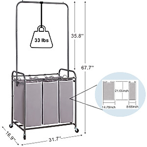 STORAGE MANIAC 136L Laundry Sorter with Hanging Bar, Portable, Removable Laundry Hamper Cart with Heavy Duty Rolling Lockable Wheels and Removable Bags, Rolling Laundry Basket Organizer, 3 Section