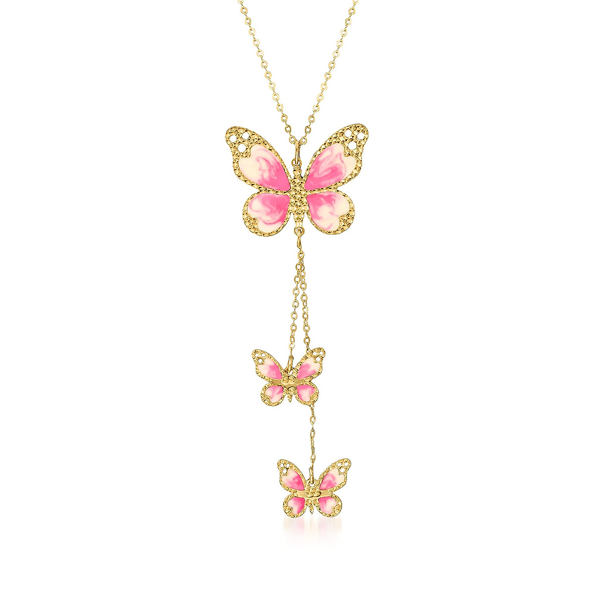 Ross-Simons Italian Pink and White Enamel Butterfly Necklace in 14kt Yellow Gold. 20 inches