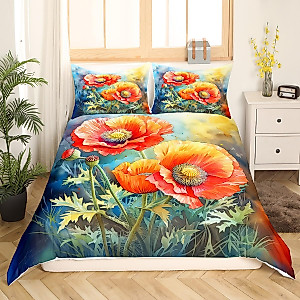 Trippy Poppy Duvet Cover Set Queen Size,Hand Drawn Exotic Flowers Rustic Bedding Set,Boys Girls Room Decor,Wild Botanical Plants Comforter Cover,Red Bright Boho Quilt Cover,2 Pillowcases,No Comforter