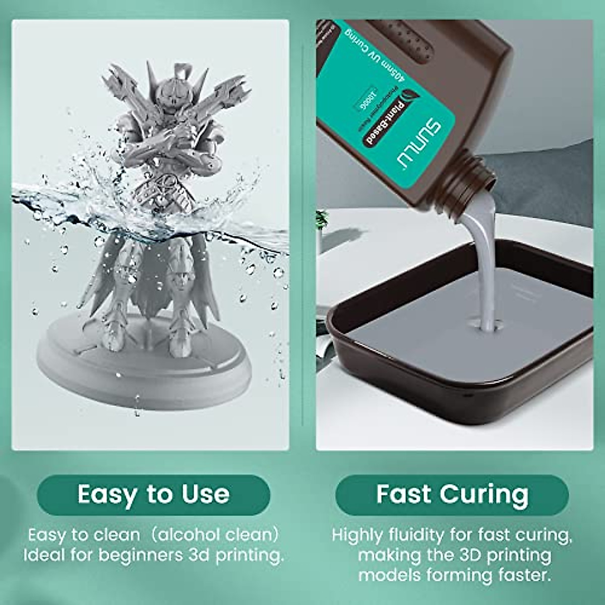 SUNLU 3D Printer Resin, Safe Plant-Based Biodegradable Resin: for LCD/DLP/SLA 3D Printing, 405nm UV Curing Polyamide Resin, Eco-Friendly, Low Shrinkage, Fast Curing Easy to Use, 1KG Grey