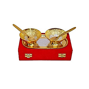 DBY Silver and Gold color Plated Bowl Set with Spoon Tray Come with Gift Pack Dry Fruits Gift Item Serving Bowl Brass Bowl Gold Plated Brass Bowls Set