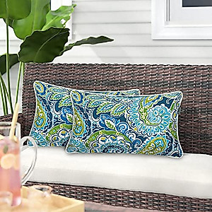Magpie Fabrics Pack of 2 Outdoor Indoor Lumbar Pillow Covers 12"x20", Waterproof Rectangular Decorative Throw Pillowcase Shell Cushion Sham for Patio Garden Balcony Tent Couch - Paisley Lapis Green