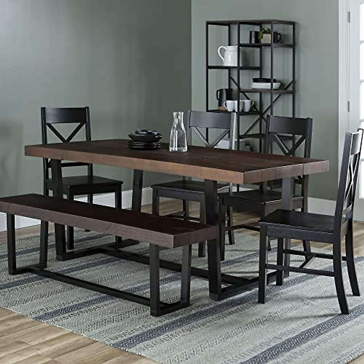 Walker Edison Barnes 6-Piece Rustic Metal and Wood Dining Table with X-Back Chairs, Set of 6, Mahogany/Black