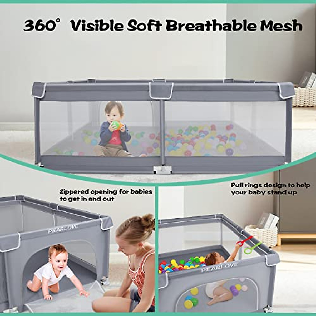 Baby Playpen, 71x59 Extra Large Playpens for Babies and Toddlers, Safe No Gaps Kids Play Yard with Breathable Mesh 2 Handles, Baby Gate Playpen, Baby Fence Indoor & Outdoor （Gray）