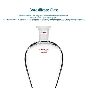 stonylab Separatory Funnel with PTFE Stopcock, 1000 ml Conical Pear-Shaped Heavy Wall Borosilicate Glass Separating Funnel with 24/40 Joints