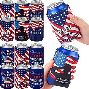 Tenceur 48 Pcs Military Veteran Gifts Patriotic Gift American Flag Bottle Cooler Sleeves Collapsible Insulator Reusable Can Bottle for Veterans Day Memorial Day, 12 oz
