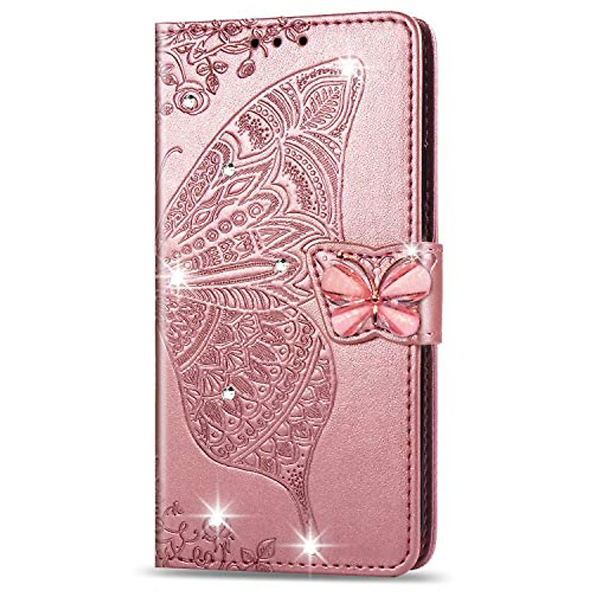 ZYZXHZD Xiaomi Mi Redmi Note 8 3D Butterfly Flower Wallet Case, with Credit Cards Slot and Stand Magnetic Protective PU Leather Flip Phone Cover for Xiaomi Redmi Note 8(Rhinestone Rose Gold)