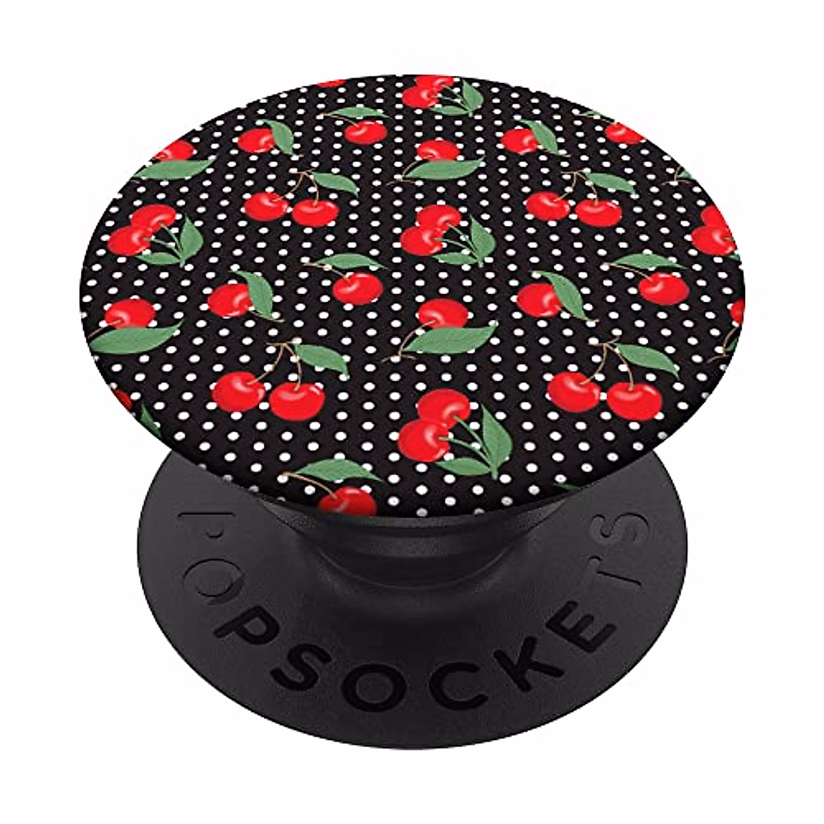 Red Cherry Fruit Green Leaves Black White Dots Points PopSockets Swappable PopGrip