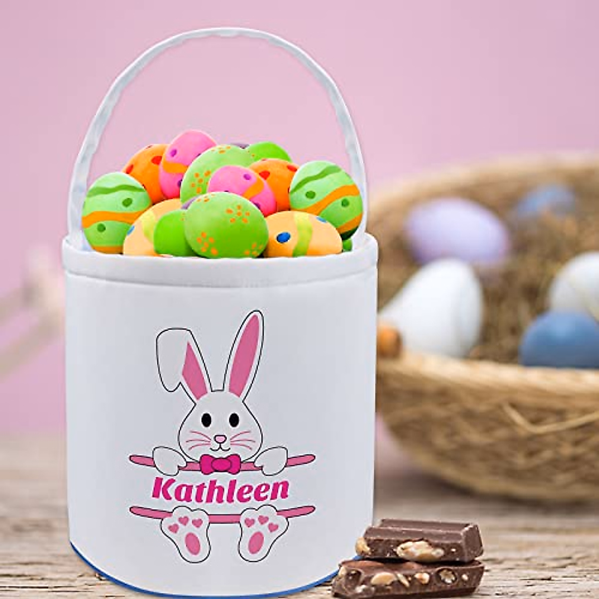 Personalized Easter Baskets Bunny for Boys Girls Custom Name Easter Basket Egg Canvas Tote Bag with Handle Kids Gift Blue