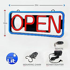 MaxLit 21'' X 10'' New Ultra Bright LED Neon Sign - OPEN - Remote Controlled - Energy Efficient & Durable (Blue/Red)