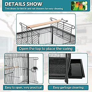 Bird Cage with Stand Wrought Iron Large 35/53-Inch Flight Cage for Parakeets Cockatiels Lovebirds Macaw Conure Birdcages with Wheels