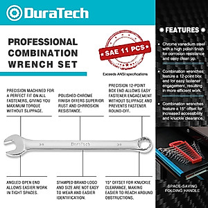DURATECH Combination Wrench Set, SAE, 11-Piece, 1/4'' to 7/8'', 12-Point, CR-V Steel, Organized in Wrench Holder