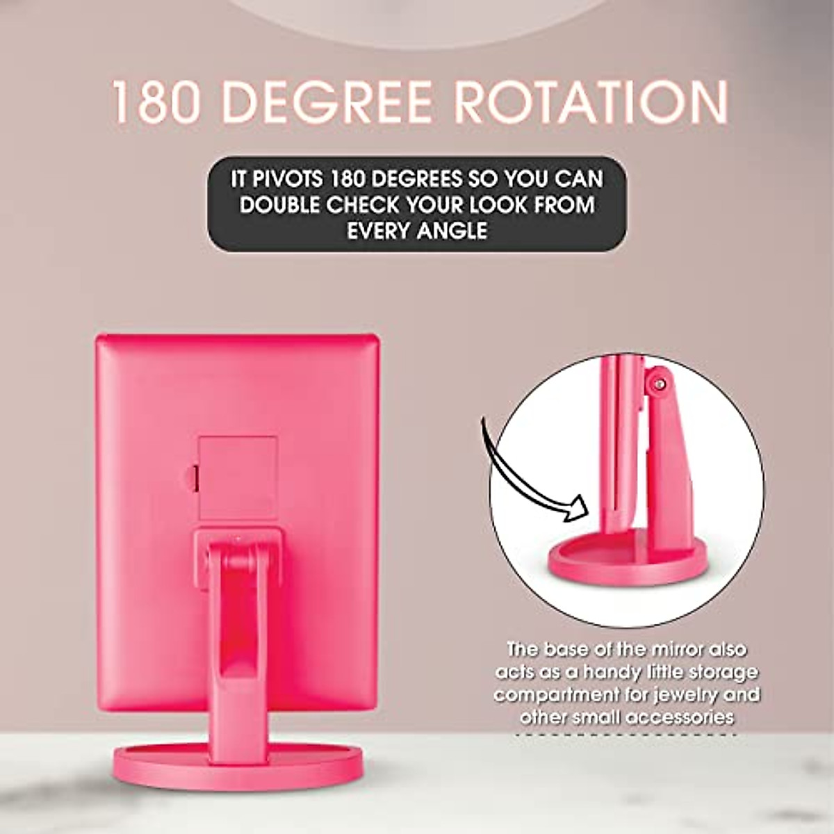 Beautyworks Backlit Makeup Vanity Mirror 36 LED Lights Touch-Screen Light Control, Tri-Fold 1/2/3X Magnification, Portable High-Definition Clarity Cosmetic Light Up Magnifying Mirror (Pink)