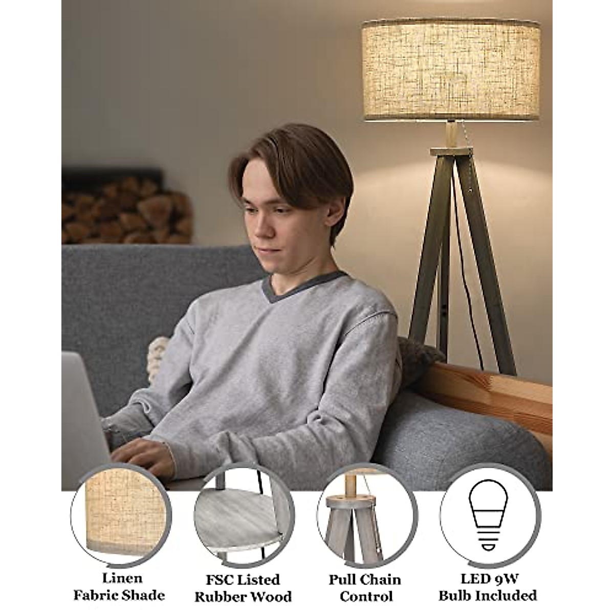 ELYONA Tripod Floor Lamp for Living Room Solid Wood Floor Lamp with Table - Farmhouse Shelf Tall Reading Standing Light with Drum Shade for Bedroom, Office, Study Room, 9W LED Bulb Included, Grey